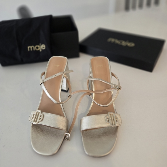 Maje | Shoes | Maje Gold Metallic Genuine Leather Sandals Block Heel ...